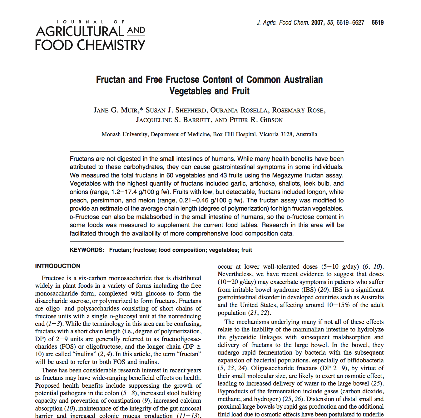 List of high and low fructan containing fruits and vegetables