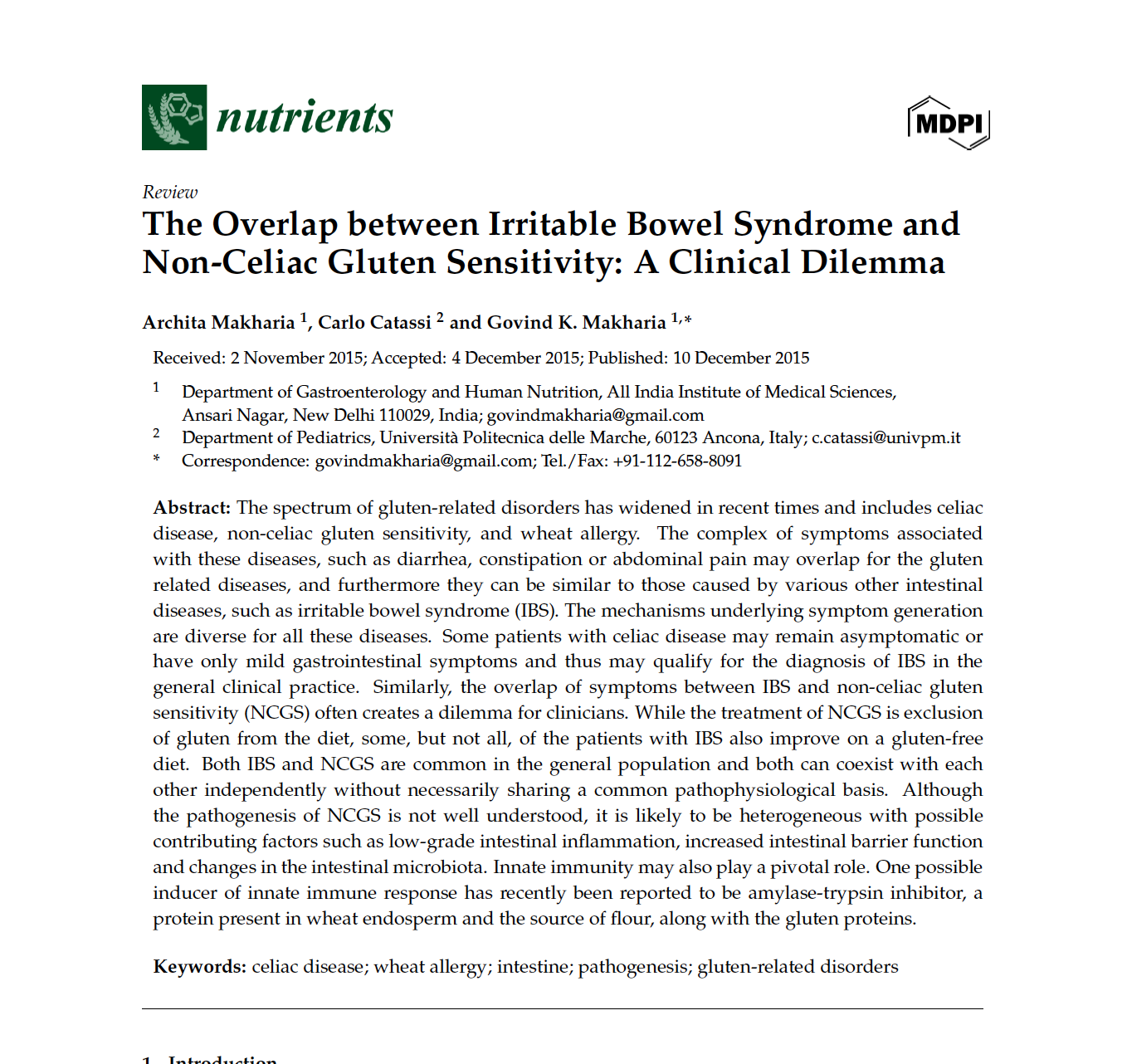 The overlap between Irritable Bowel Syndrome and Non-Celiac Gluten ...